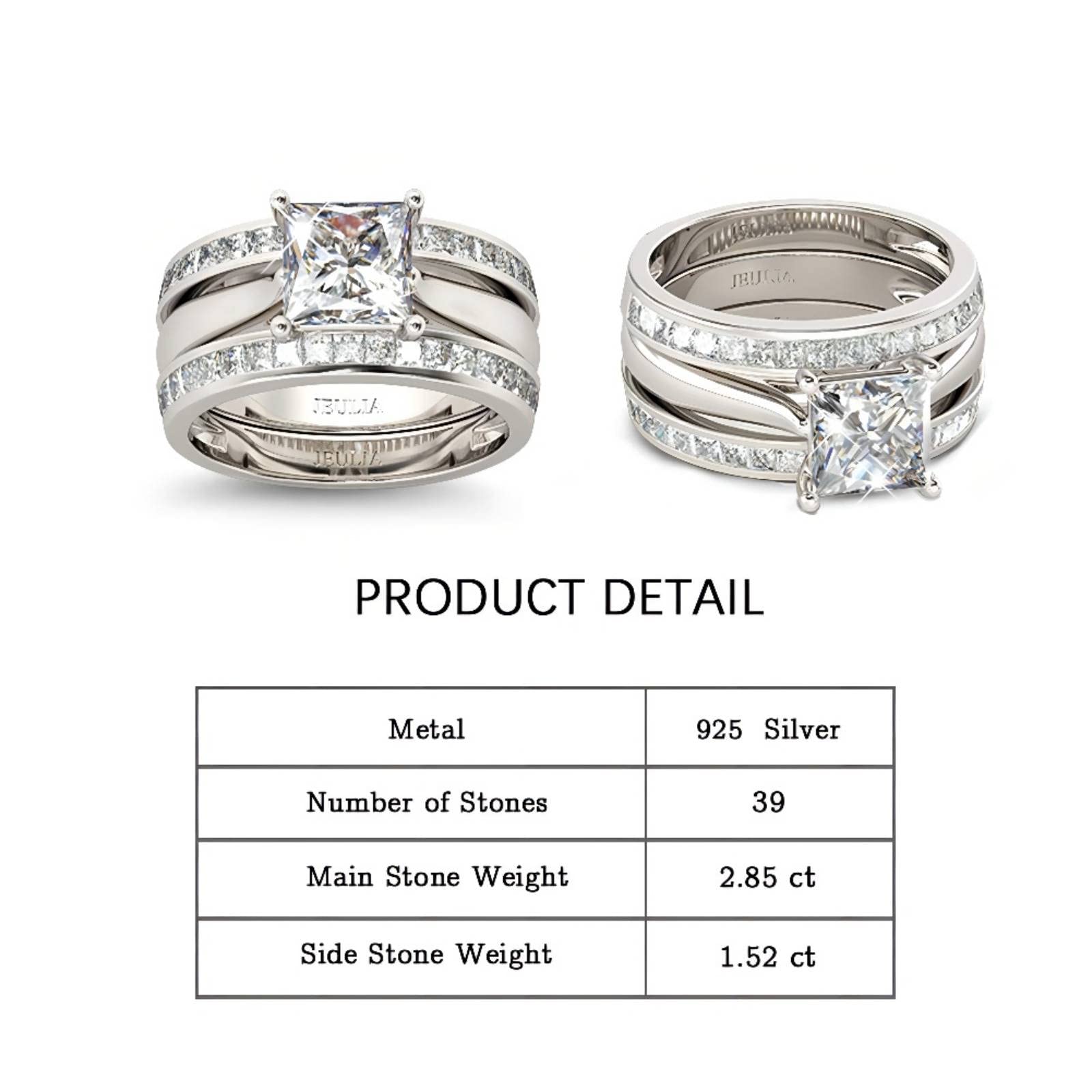 Jeulia 4.37 Carat Engraved Pricess Cut Cubic Zirconia Engagement Ring Diamond Wedding Bands for Women CZ Solitaire Sterling Silver Anniversary Bridal Promise Rings Set (8)