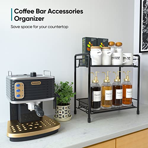 BOKIOVIN Coffee Stand Station Organizer for Countertop,Coffee Bar Organizer Accessories Shelves for Kitchen Counter 2 Tier(Black)