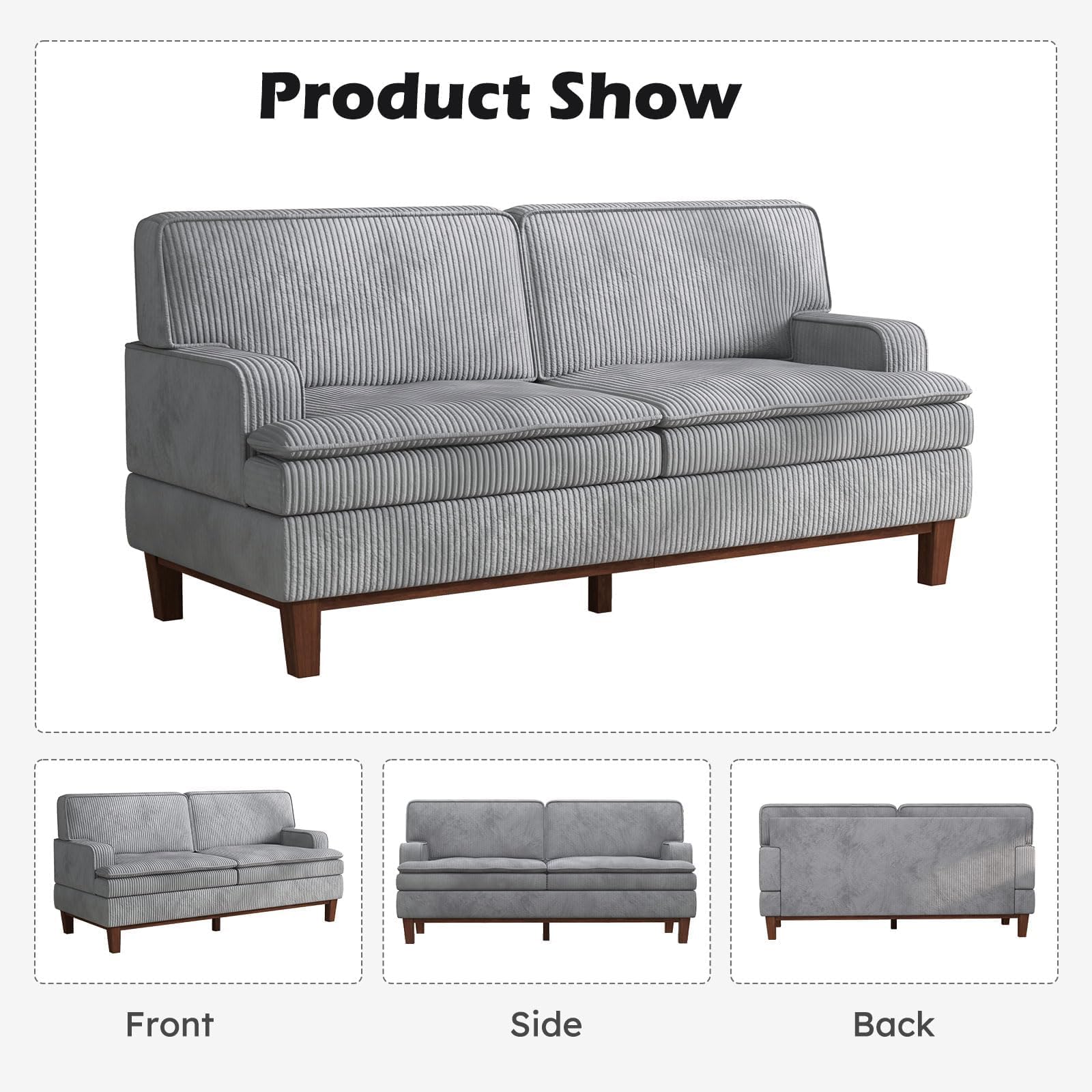 EBELLO 75” Soft Luxury Corduroy Fabric Sofa, Small 3 Seat Sofa for Living Room with Padded Seat, Overstuffed Backrest, Solid Wood Frame Small Sofa for Small Space, Apartment, Grey