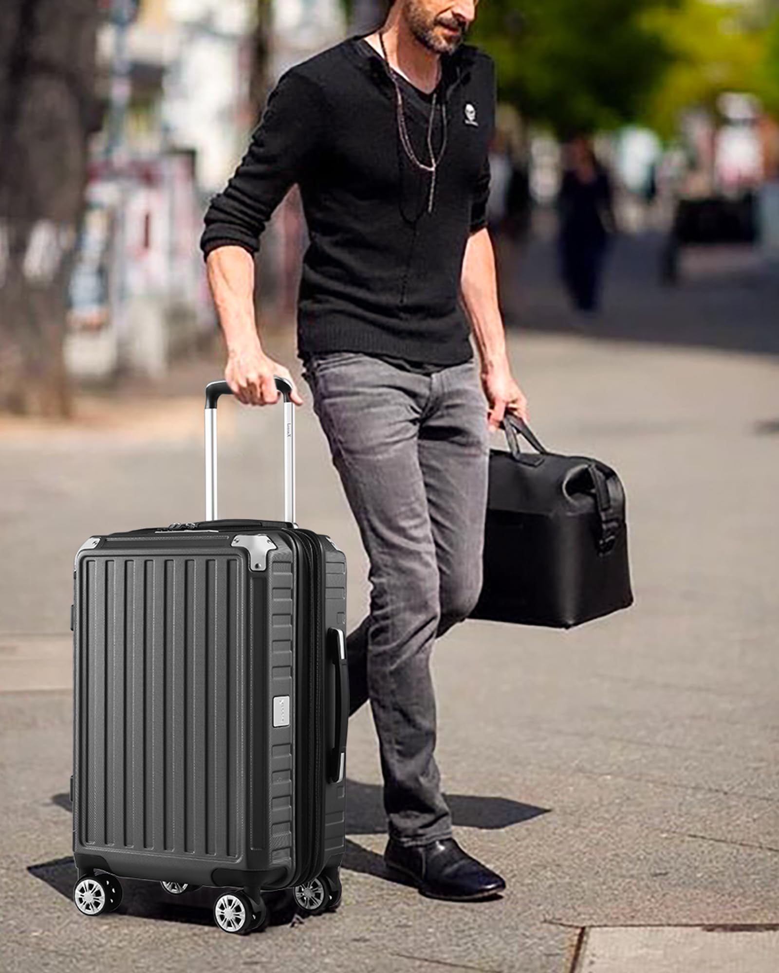 LUGGEX PC Carry On Luggage 22x14x9 Airline Approved - Expandable Hardside Luggage with Spinner Wheels - 4 Metal Corner Hassle-Free Travel (Black Suitcase)