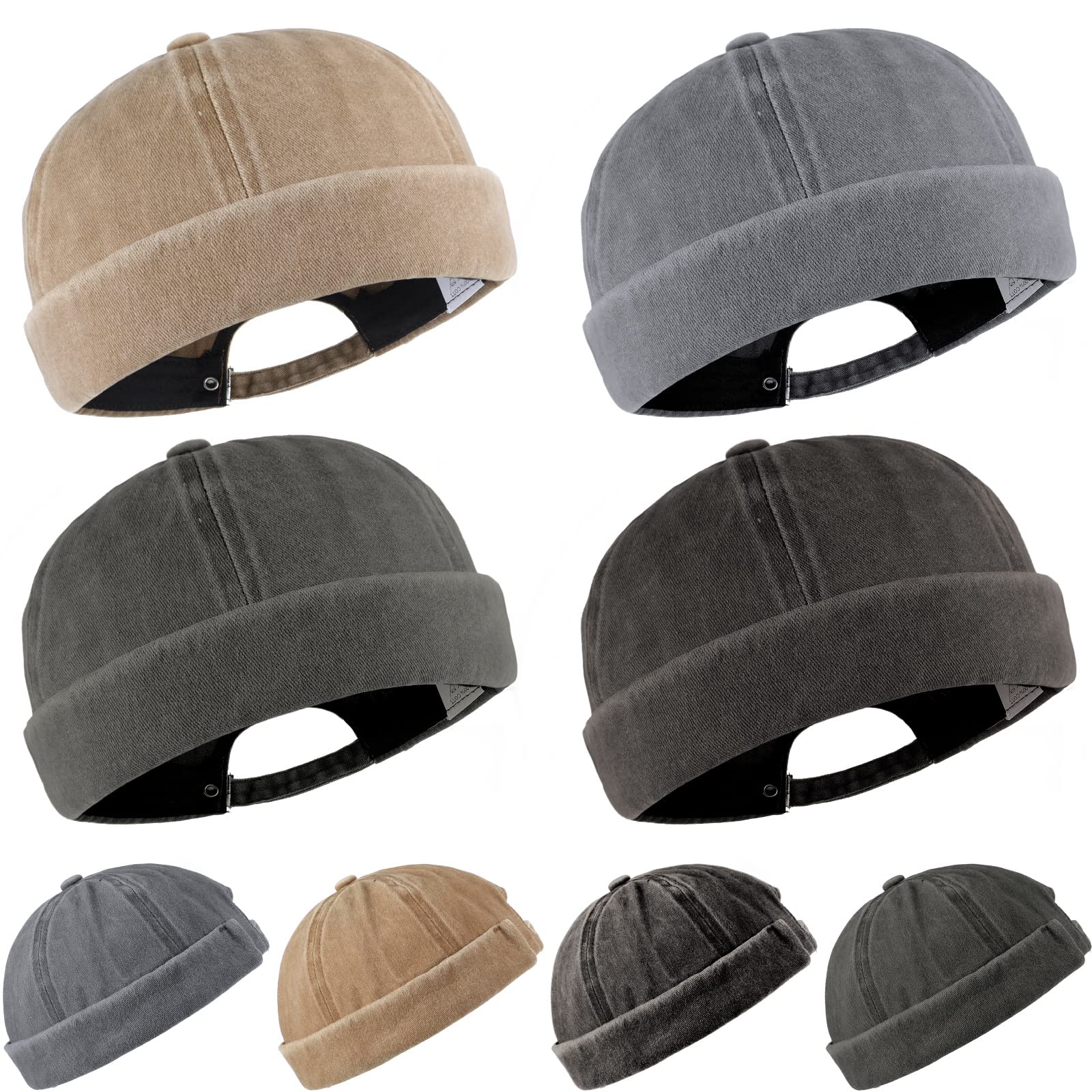 Brimless Hats for Men, 4 Pack Docker Cap Denim No Brim Hat Retro Flip Hat Vintage Rolled Beanie Skullcap, Adjustable