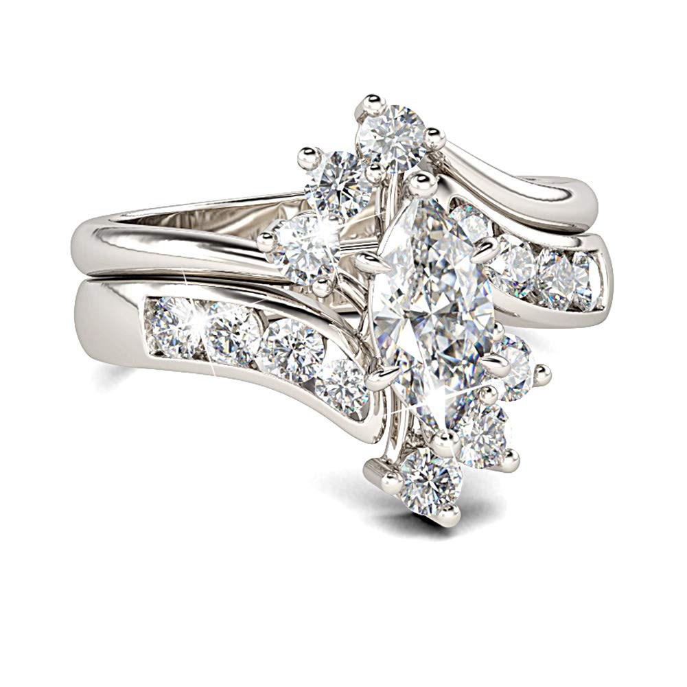 Jeulia Marquise Cut Wedding Set Sterling Silver Bypass Rings with Cubic Zirconia White Diamond Solitaire Engagement Rings Promise Anniversary with Gift Box (8.5)