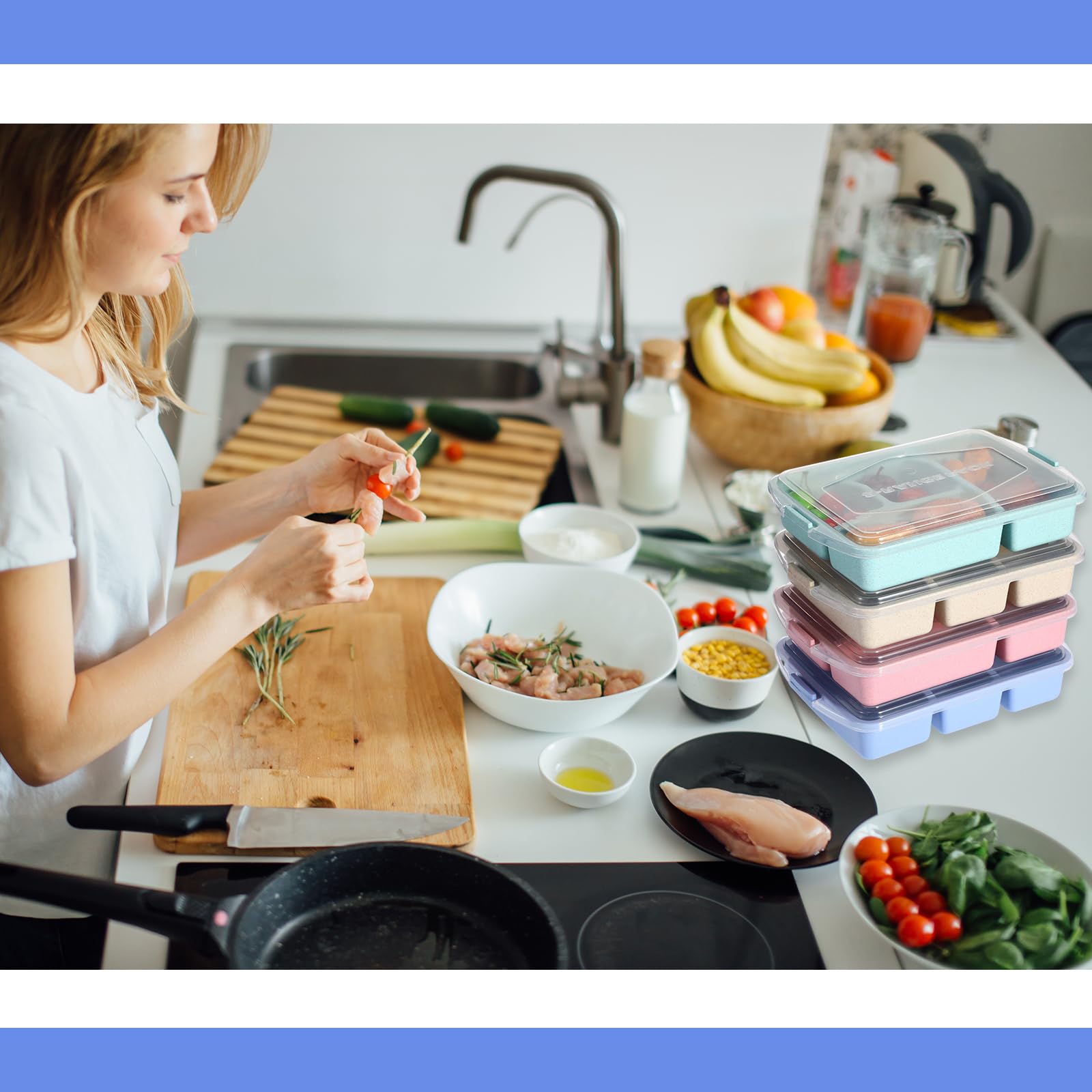 Bokon 8 Pcs Bento Lunch Box for Kids Snack Containers with 4 Compartments Bento Box Adult Lunch Box Microwave & Dishwasher Safe with Transparent Lids for School, Dining Out, Work, Picnic, 4 Colors