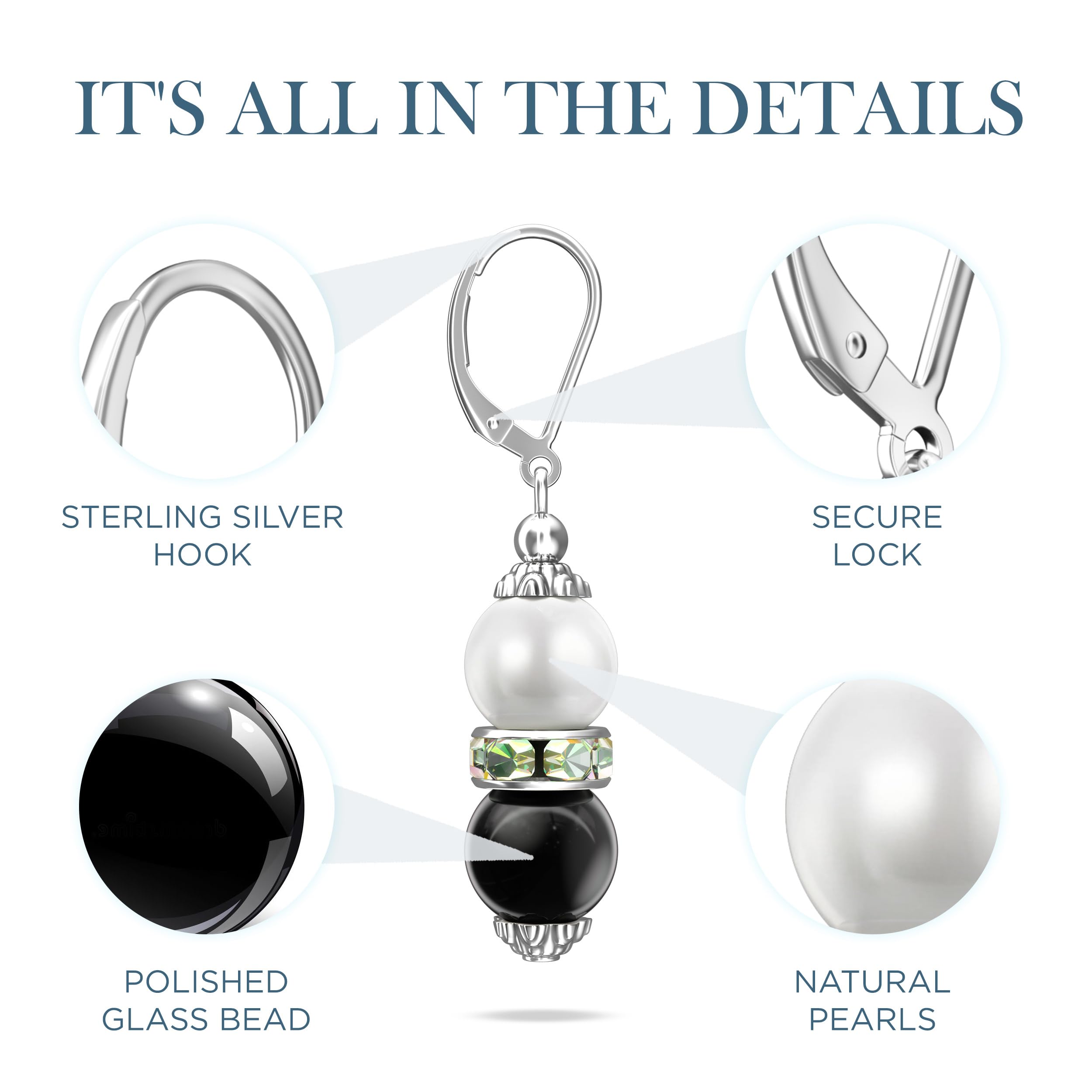 Black White Glass Pearl Earring Sp Leverback Handcrafted Rhinestone Earrings For Women Set + Gift Box For Free