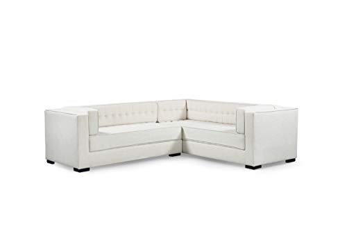 Iconic Home Lorenzo Right Facing Sectional Sofa L Shape Linen-Textured Upholstered Tufted Shelter Arm Design Espresso Finished Wood Legs Modern Transitional, Ecru
