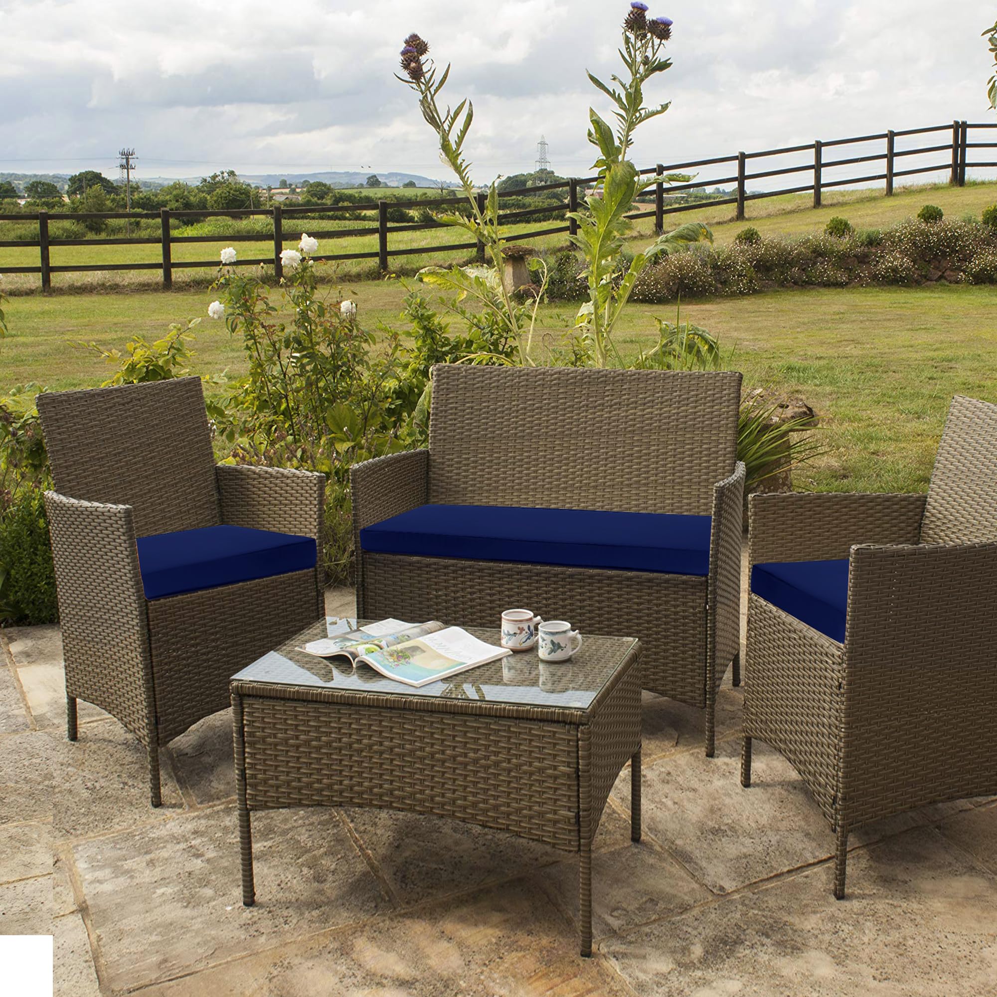 Comcaver 3 Pack Outdoor Cushions Set for Rattan Chair Wicker Sofa, Waterproof Patio Cushions Set for 4 Pieces Seater Outdoor Furniture Conversation, Navy
