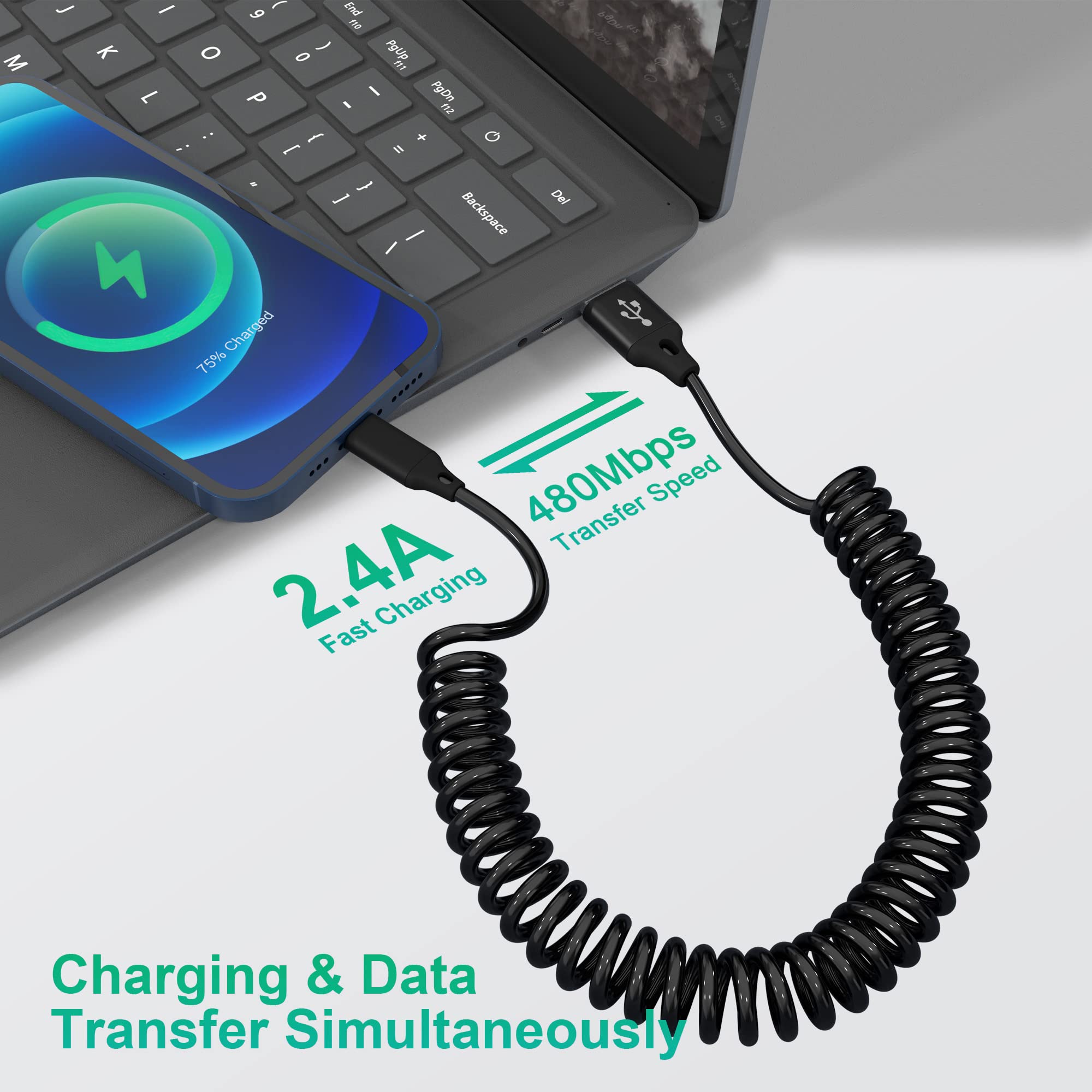 Coiled Lightning Cable for Apple CarPlay, Coiled USB to Lightning Cable with MFi Certified, Coiled Short iPhone Charging Cable from 1.5FT to 3FT