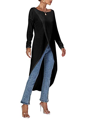 LYANER Women's High Low Long Sleeve Wrap Front Split Hem Long Shirt Blouse Tunic Top Solid Black Large