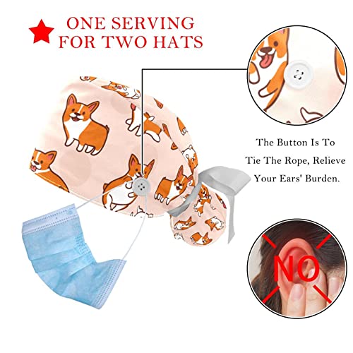 Pink Corgis Dog Scrub Hats for Women Long Hair, Working Cap with Button & Sweatband, Unisex Tie Back Hats 2 Packs