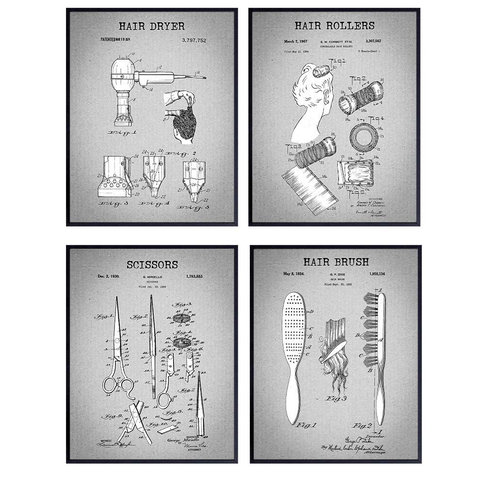 Beauty Salon Patent Art Prints - Vintage Wall Art Poster Set - Chic Rustic Home Decor for Hair Studio, Bathroom, Bedroom - Gift for Women, Stylists, Hairdresser, Fashionista - 8x10 Photo - Unframed