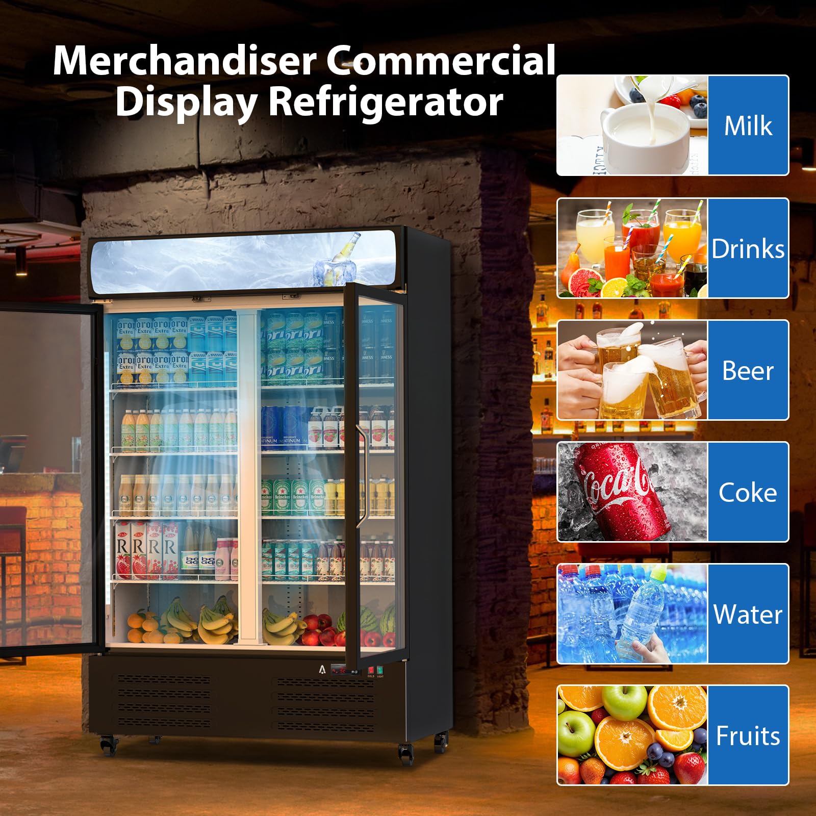 GarveeTech Commercial Refrigerator, Glass Door with LED Lighting - Upright Beverage Display Cooler for Home, Store, Gym, or Office, Featuring Double Swing Doors and 36.3 cu.ft