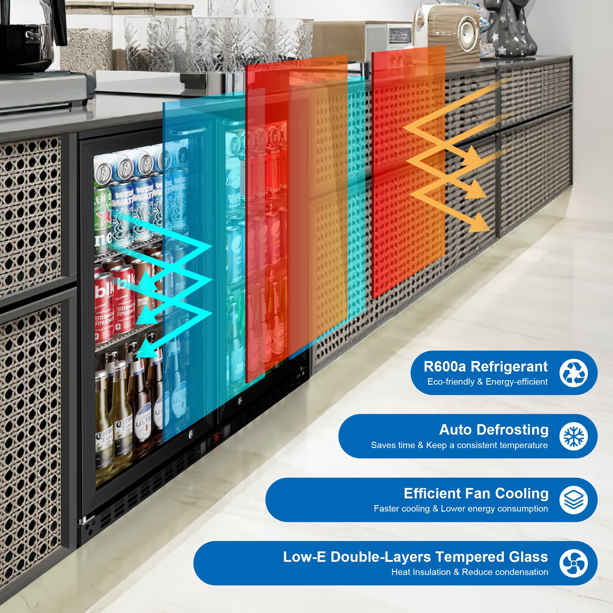 ECEVT Back Bar Cooler Under Counter Refrigerator Double Door 7.4 Cu.ft for Beer,Soda Drinks,Wine with LED Lighting for Commercial Display Beverage Fridge, ETL Approved 35.45" W 33.08" H