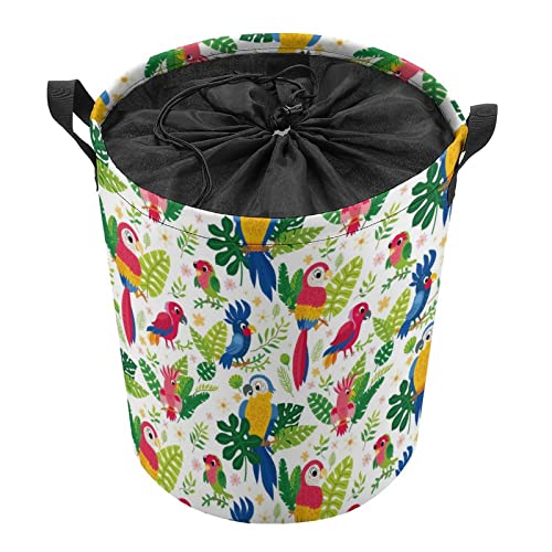 Cute Tropical Birds in Jungle Laundry Basket Round Collapsible Storage Bin with Drawstring and Handle for Bedroom Bathroom Toys Room 17.3" X 13.8"