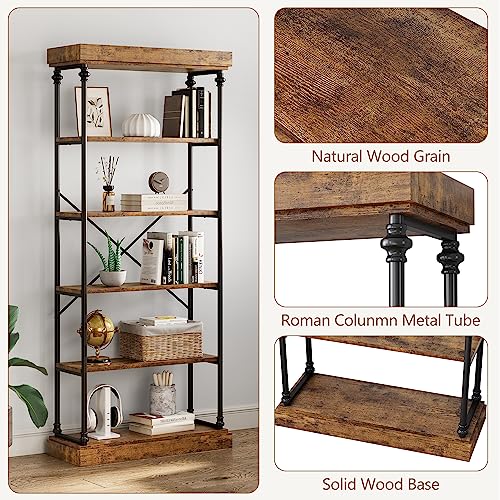 IDEALHOUSE Industrial Bookshelf Wood Bookcase 6 Tier Storage Open Rack Shelf Metal Frame Rustic Tall Standing Bookshelves Large Vintage Display Rack for Bedroom,Living Room and Home Office