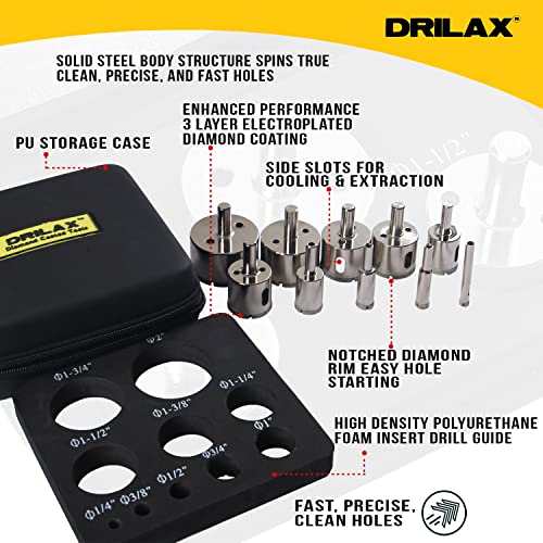 Drilax Diamond Hole Saw Set with Template Guide 0.25 to 2 inches 10 Pieces for Ceramic Porcelain Glass Tiles Quartz Granite Drilling 1/4, 3/8, 1/2 (0.5), 3/4, 1, 1 1/4, 1 3/8, 1 1/2, 1 3/4, 2 inches