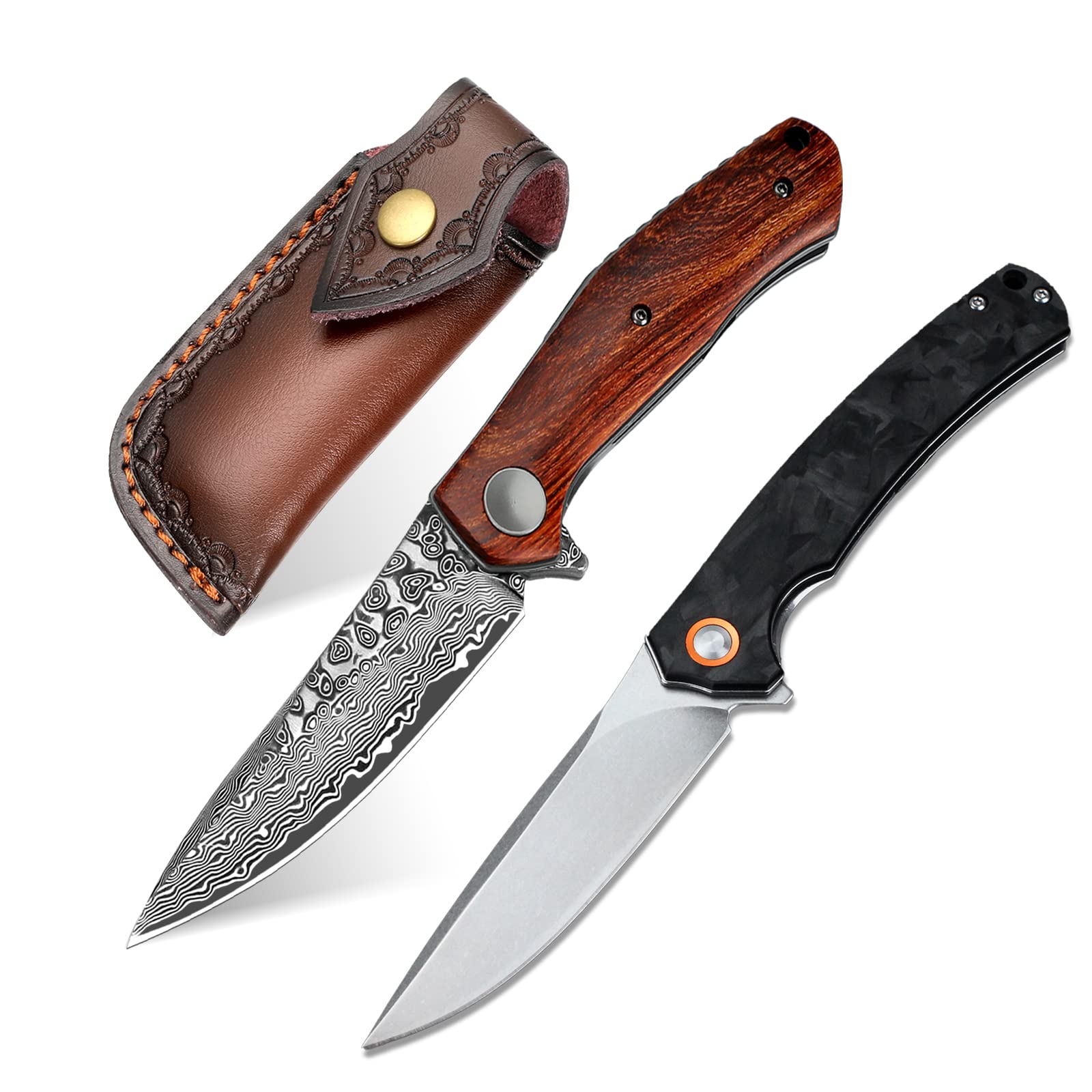 Benkey VG10 Damascus Pocket Knife with Clip Leather Sheath and D2 Folding Hunting Knife Bundles