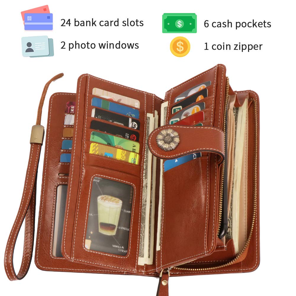 Pearl Angeli Women Wallet Genuine Leather Charming Ladies Wristlet Tri-fold Rfid Blocking Credit Card Holder Organizer Clutch(Brown)