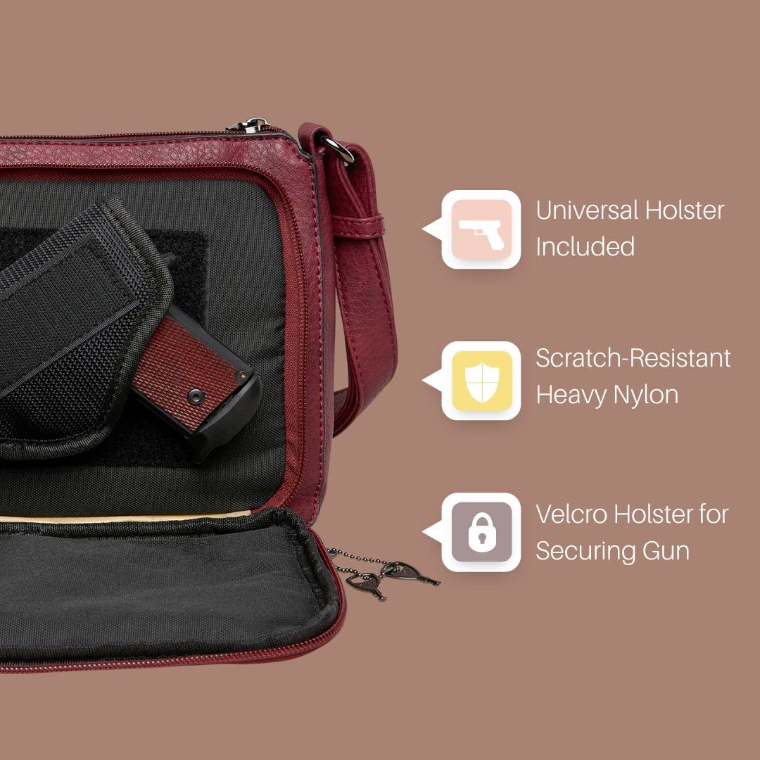 Concealed Carry Kinsley Crossbody with RFID Wallet - Discreet Locking CCW Bag for Women - Universal Holster (Mahogany)
