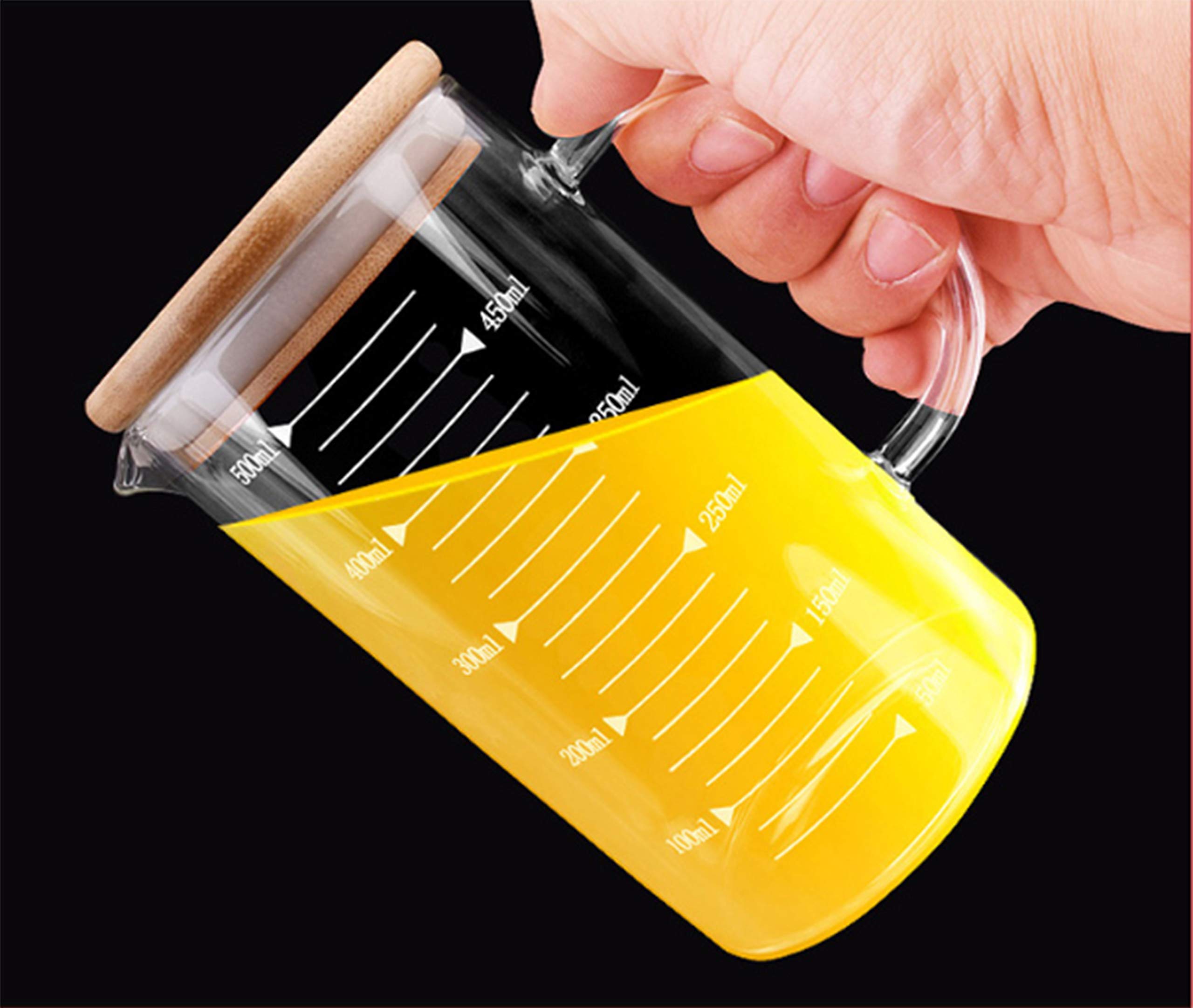 KINNOSE Graduated Beaker Mug with Handle and Durable Bamboo Lid Borosilicate Glass Multi-Function Food Grade Measuring Cup 500ml