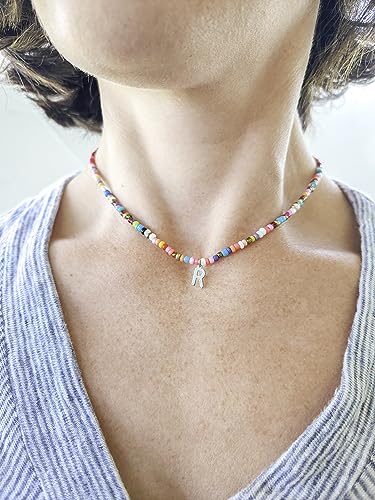 Multicolored Seed Bead Necklace - Personalized Silver Initial, Smiley Face, Heart - Best Friend Sister Girl Teen Gift - DII