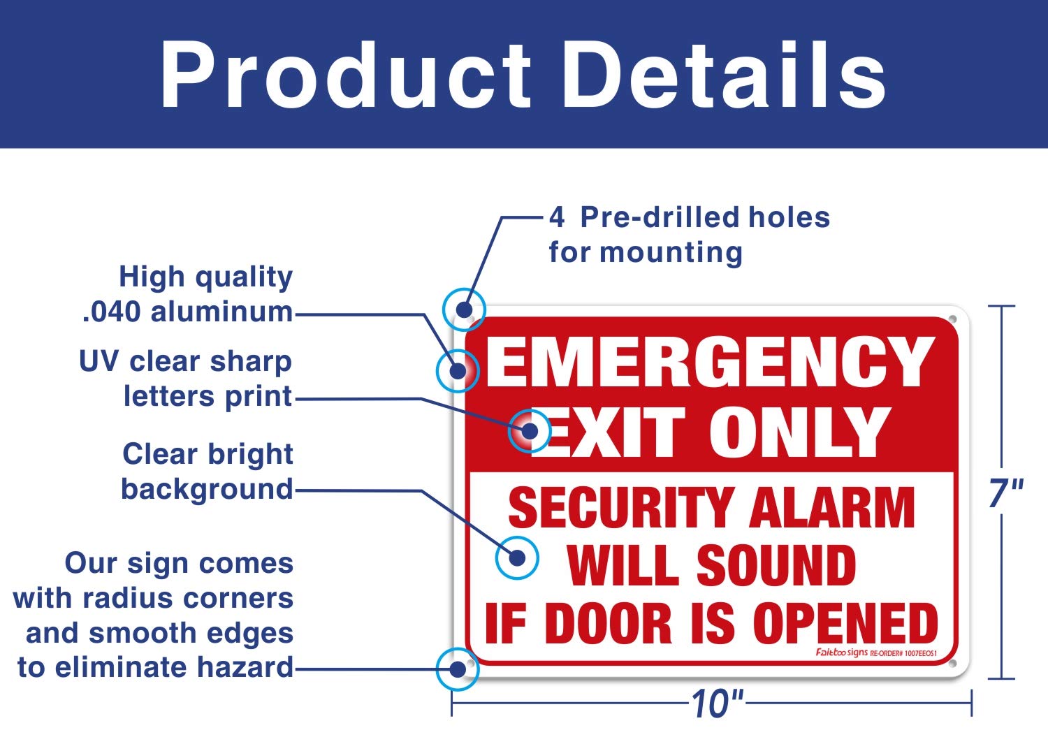 Emergency Exit Only - Security Alarm Will Sound If Door Is Opened Sign, 2 Pack, 10 x 7 inch .40 Rust Free Aluminum, UV Protected, Weather Resistant, Waterproof, Durable Ink, Easy to install