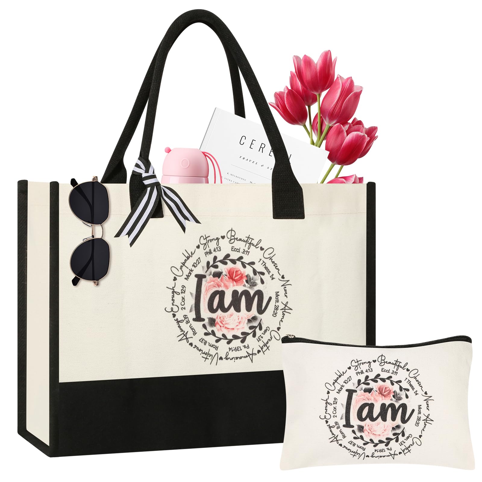 Christian Gifts for Women, Inspirational Gifts for Women Religious, Baptism Gifts, Encourage Gifts for Women Friends Female Sister Wife Coworker Mom Lady, Reusable Grocery Bag Tote Bag & Makeup Bag