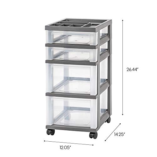 IRIS USA MC Plastic Storage, Rolling Cart with Organizer Top, 4 Drawer/GREY CLR, Gray
