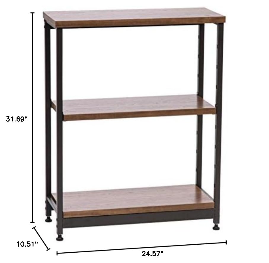 IRIS USA, Inc. 24.6" 3-Tier Wide Wood and Metal Shelf, Sturdy Home Décor Storage Rack with Height Adjustable Shelves and Feet, Dark Brown/Black
