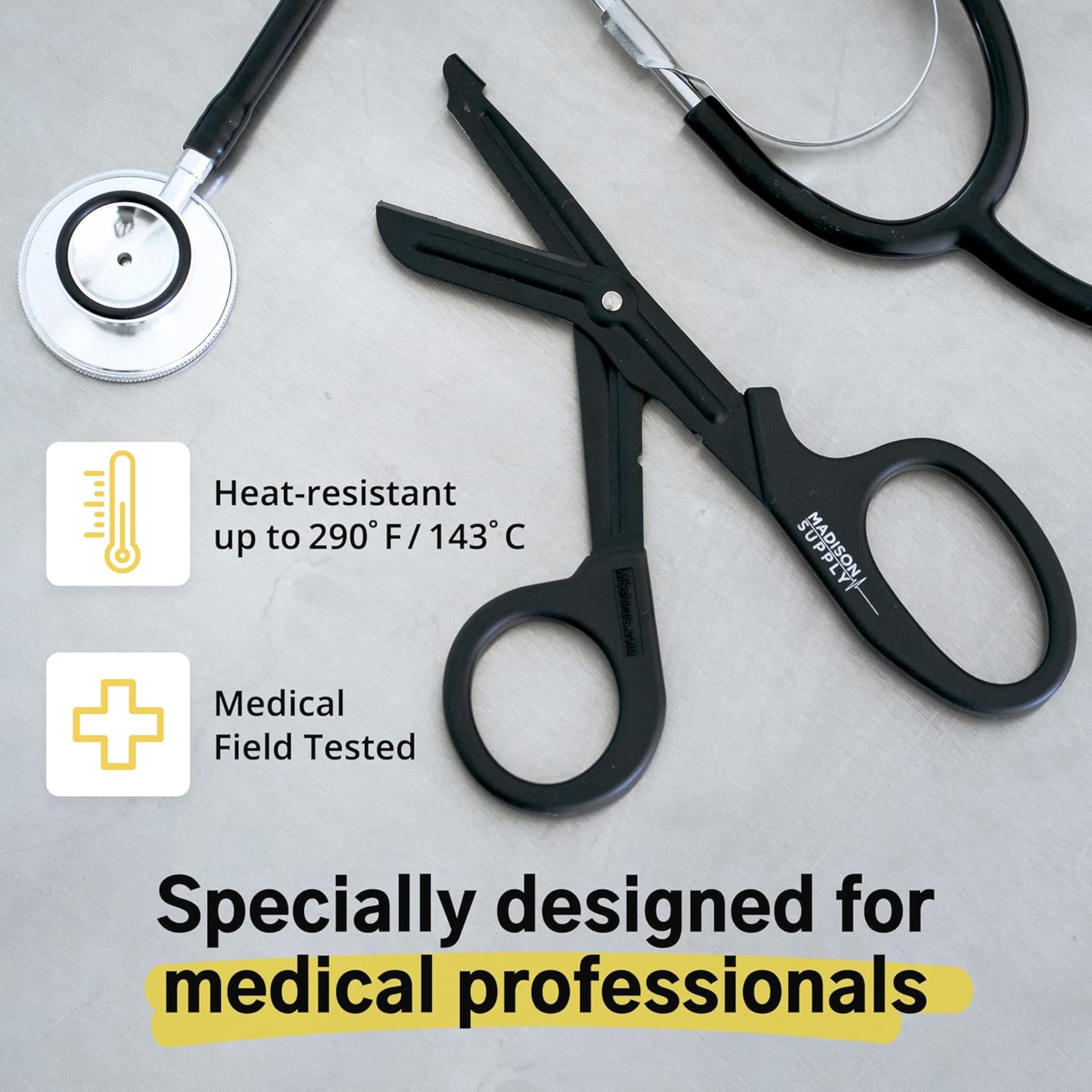 Madison 7.5" Premium Stainless Steel Nurse Scissors with Non-Stick Blades, Fluoride-Coated - 1pk, Black