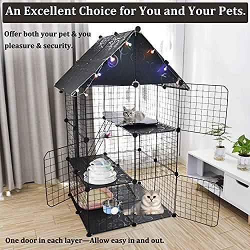 PINVNBY Metal Mesh Small Animal Cage 3-Tier Rabbit Wire Pen Fence with Ramps Pet House with Doors Cats Playpen for Kitty Puppy Bunny for Indoor Use (Black)
