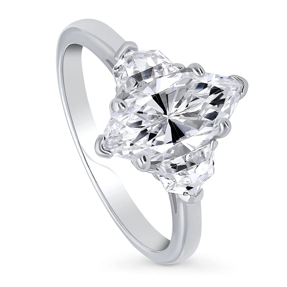 BERRICLE Sterling Silver 3-Stone Wedding Engagement Rings Marquise Cut Cubic Zirconia CZ Ring for Women, Rhodium Plated Size 7