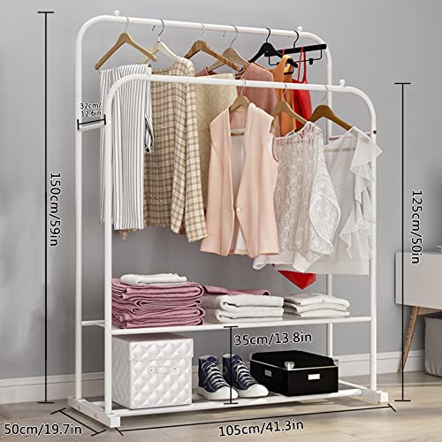 GGQQ Clothes Garment Rack with Shelves,Metal Double Rod Clothes Hanger Rack,Rolling Garment Rack for Hanging Clothes,Stand Clothes Drying Rack with Wheels(41”,White).