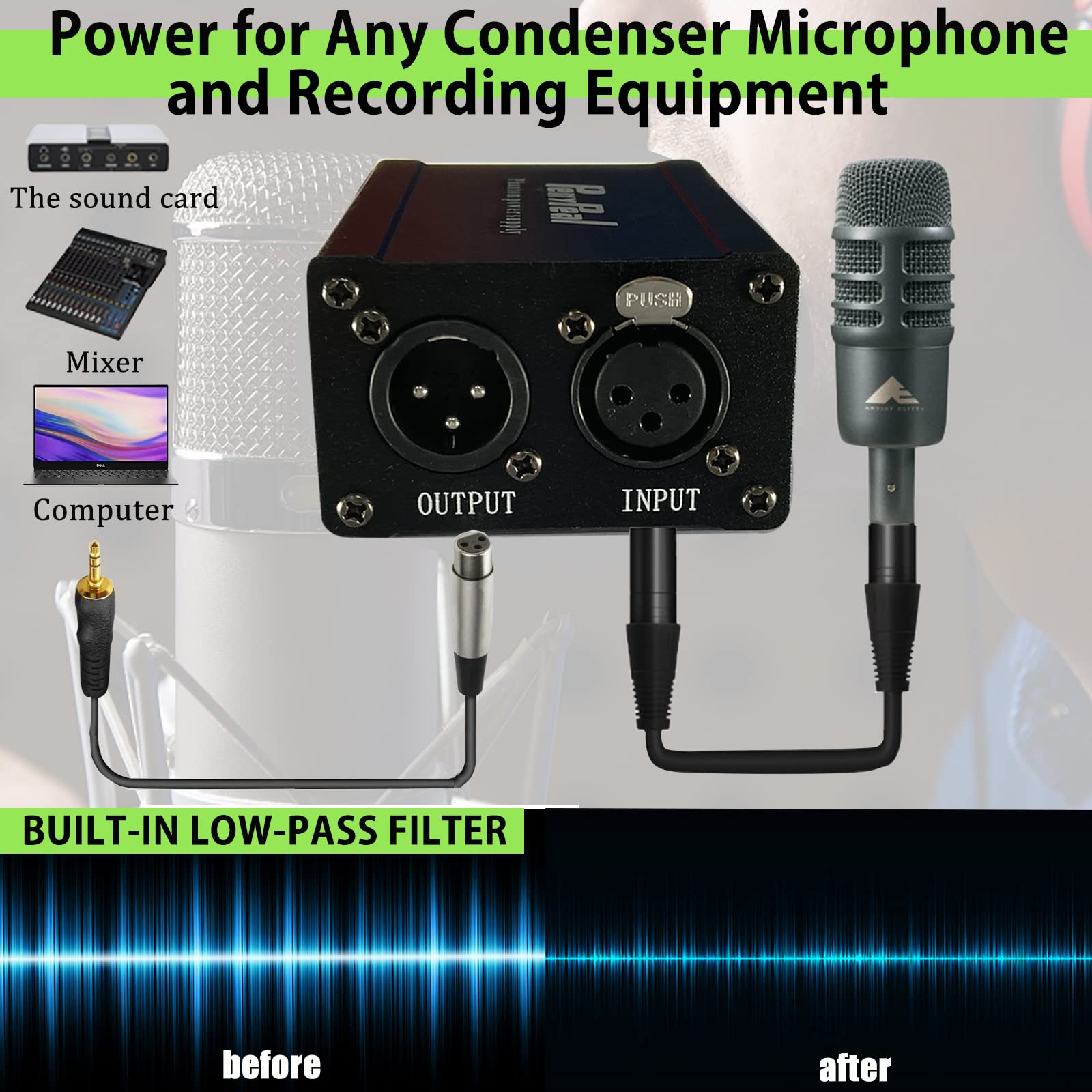 penypeal Rechargeable Phantom Power Supply 48V 1-Channel Up to 40 Hours of Use, Low Noise for Any Condenser Microphones, Recording, Audio Equipment, black (PT2)