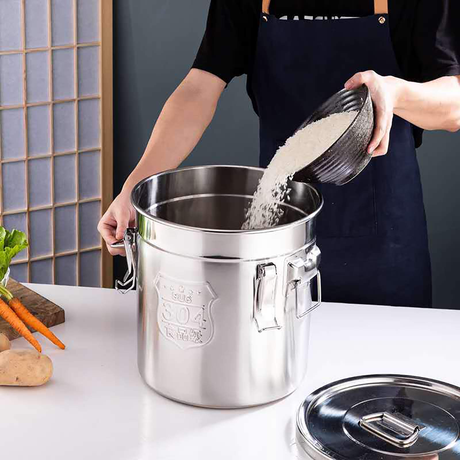 DYNAMI 304 Stainless Steel Airtight Canister, 3.2Gal Canisters Container with Lids and Sturdy Locking Clamp,Bucket Food Storage Containers Airtight for Rice, Flour, Grain, Coffee Bean(12L)
