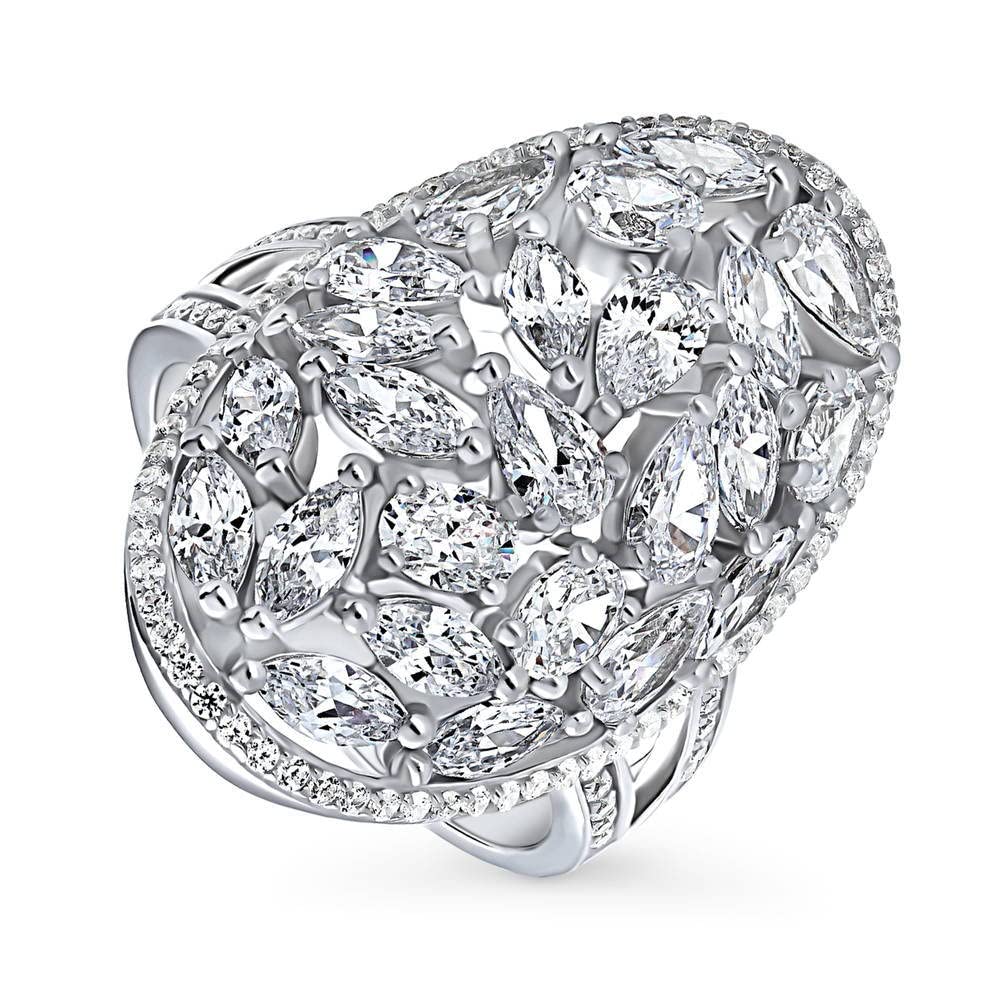 BERRICLE Sterling Silver Cluster Cubic Zirconia CZ Statement Cocktail Fashion Split Shank Ring for Women, Rhodium Plated Size 5