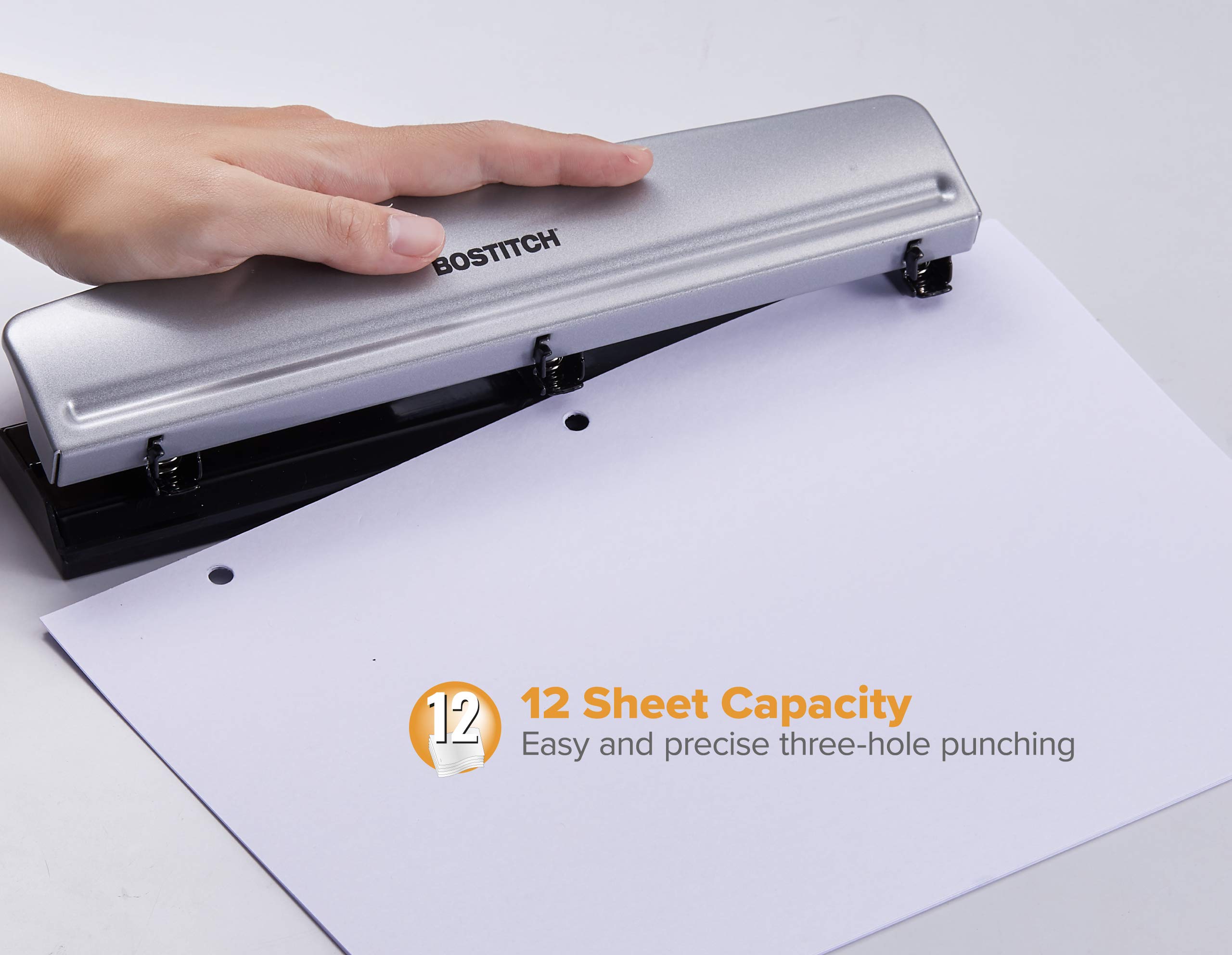 Bostitch Office Premium 3 Hole Punch, 12 Sheet Capacity, Metal, Rubber Base, Easy-Clean Tray, Silver, 2-Pack