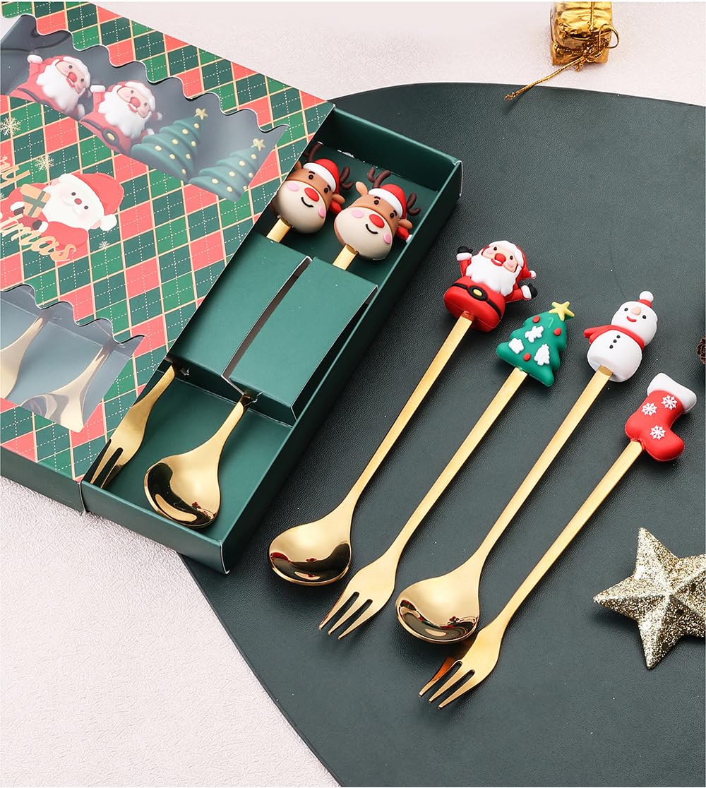 Christmas Coffee Spoons Coffee Stirrers Cake spoon Premium Stainless Steel Ice Tea Spoons, Ice Cream Spoon, Cocktail Stirring Spoons Set of 4(Gold Color)