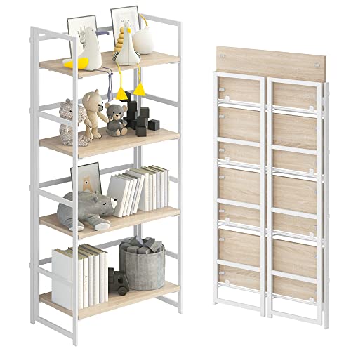 GHQME No-Assembly Folding Bookshelf Storage Shelves 4 Tiers Vintage Multifunctional Plant Flower Stand Storage Rack Shelves Bookcase for Home Office (White)