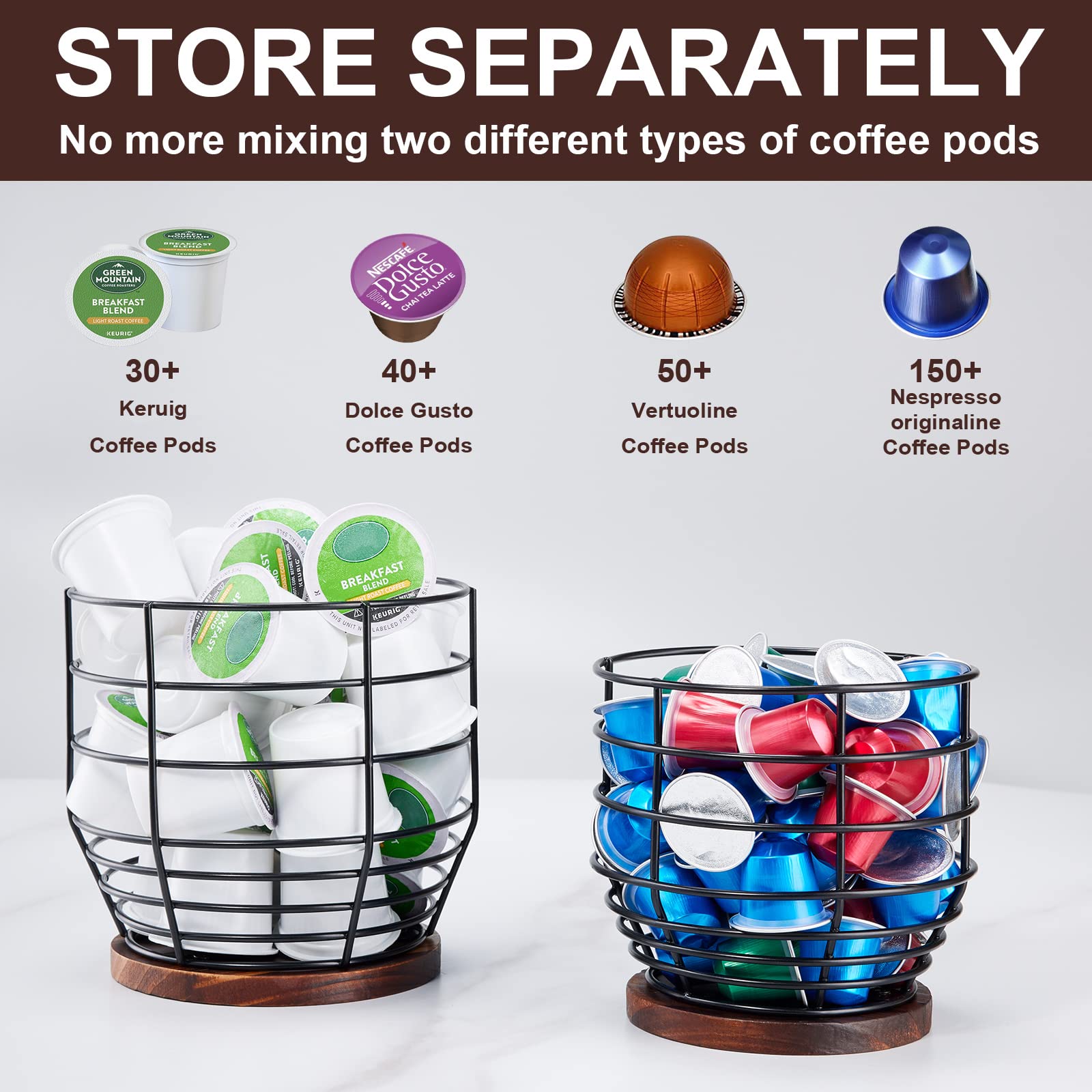 Yangbaga 2pcs Coffee Pod Holder ,Large Capacity Black Wire K cup Holder with Wooden Base,Modern Coffee Basket Coffee Bar Decor for Coffee Station for espresso Pods & Capsules,Fruit Snack Storage