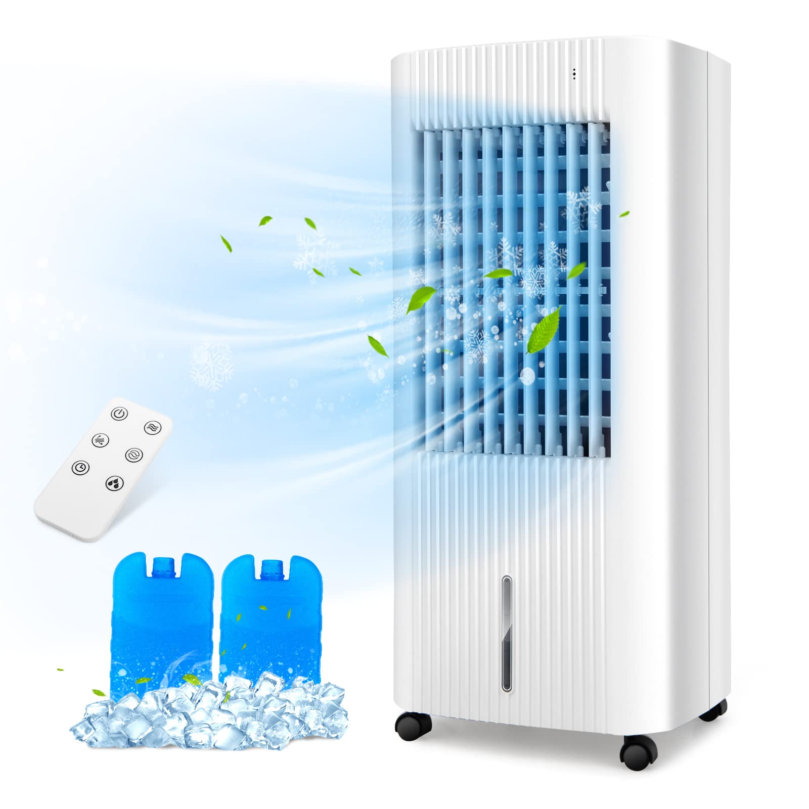COSTWAY Portable Evaporative Air Cooler, 60°Oscillation Swamp Cooler with Remote Control, 2 Ice Packs, 15H Timer, 1.3 Gal Water Tank, 3 Modes, 3 Speeds, LED Display, Quiet Air Cooler for Bedroom Office Home