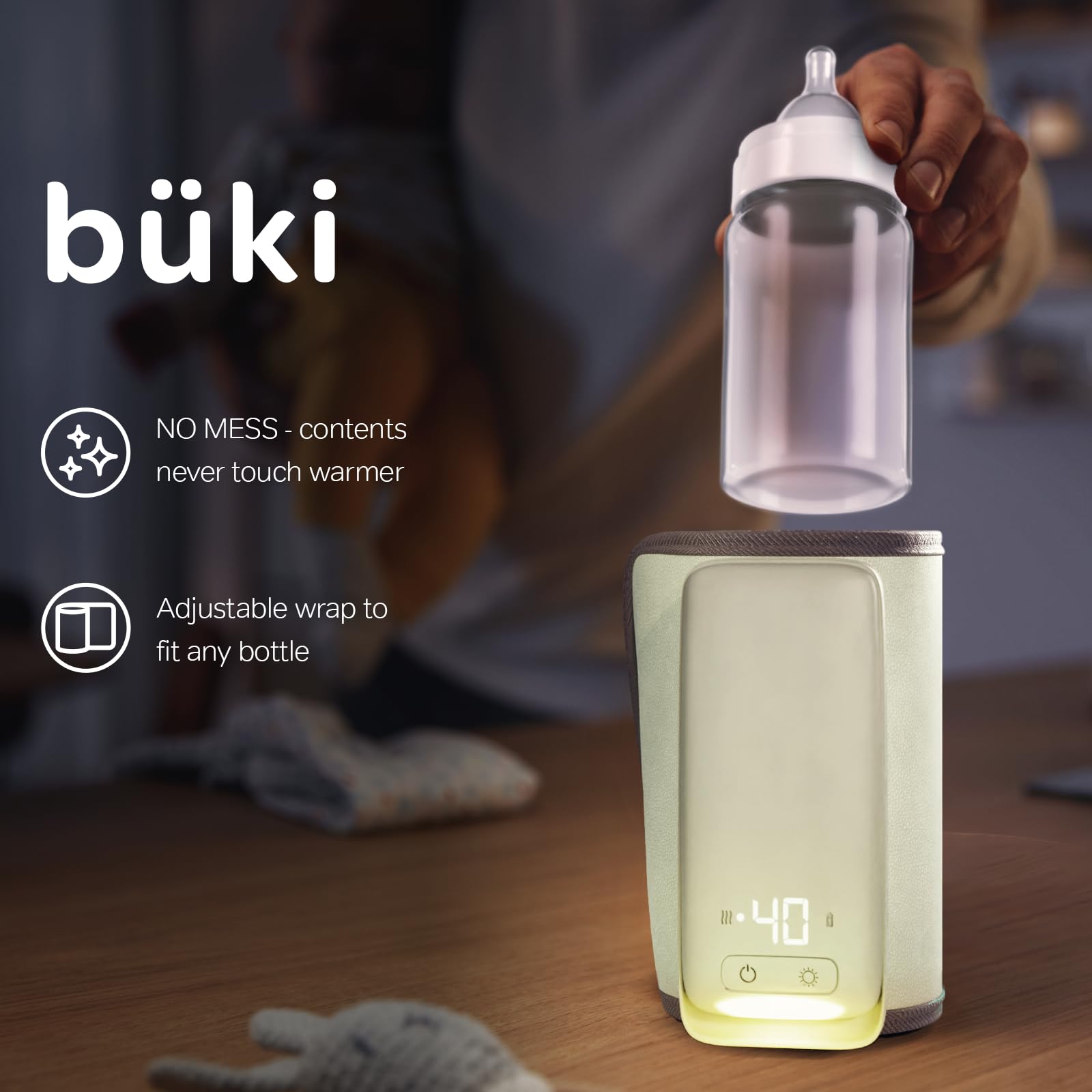 Büki Portable Bottle Warmer for Breastmilk or Baby Formula - Fast Heating + Leak-Proof + Adjustable Travel Warmer with Battery-Powered Temperature Display, Flashlight - 6000MAH Rechargeable Battery