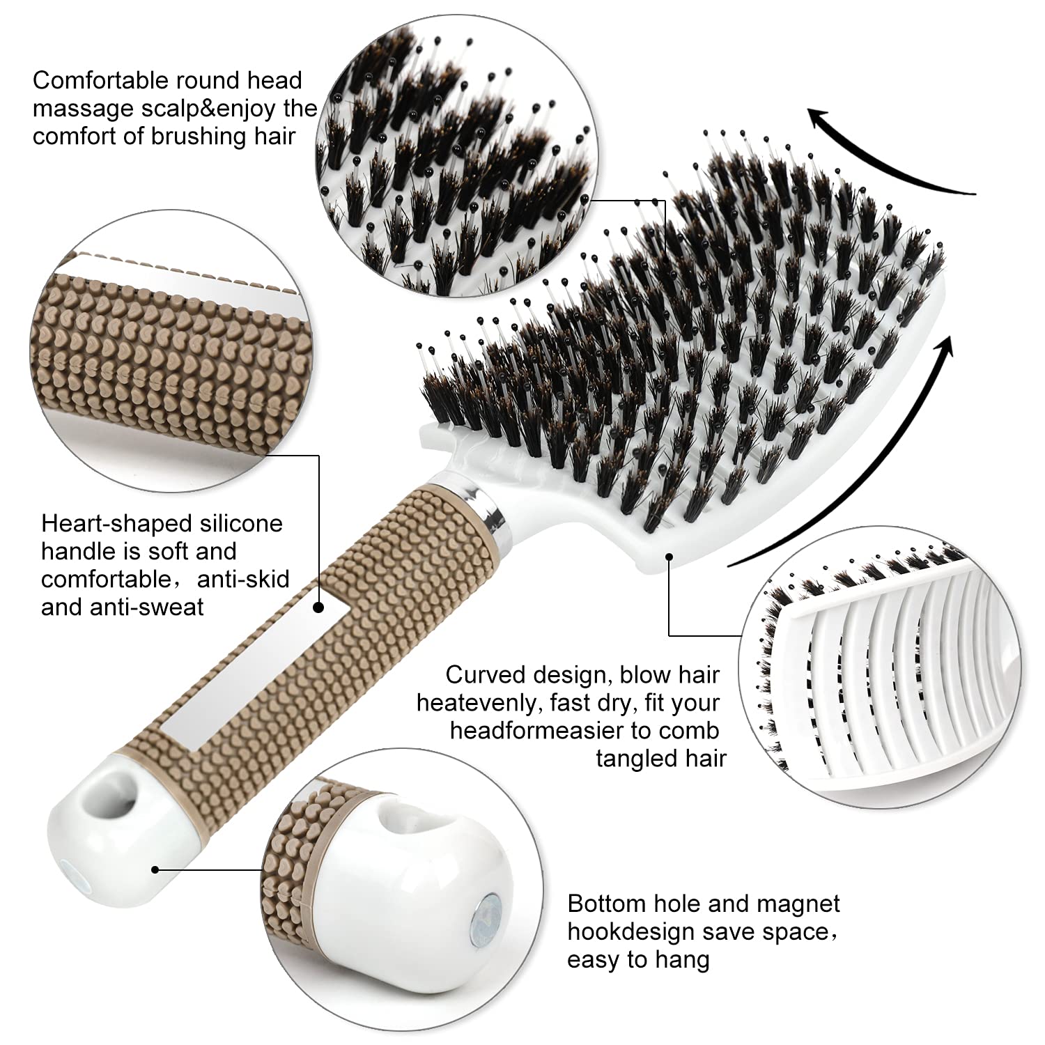 Boar Bristle and Nylon Curved Vented Hair Brush for Fast Blow Drying Detangling and Head Massage Hair Styling (White)