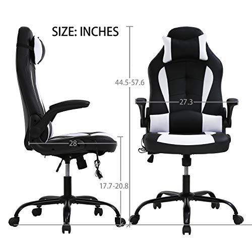 HCB Office Chair, Gaming Chair, Ergonomic Computer Desk Chair High Back Rolling Swivel Height Adjustable with Flip-Up Arms, Headrest and Lumbar Support, Massager, Leather (White)