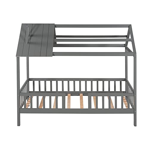Merax House Bed Frames for Boys and Girls,Wood Twin Bed Frame House-Shaped Bed Platform Bed Frame with Roof Windows and Full-Length Safety Rails, Twin Size