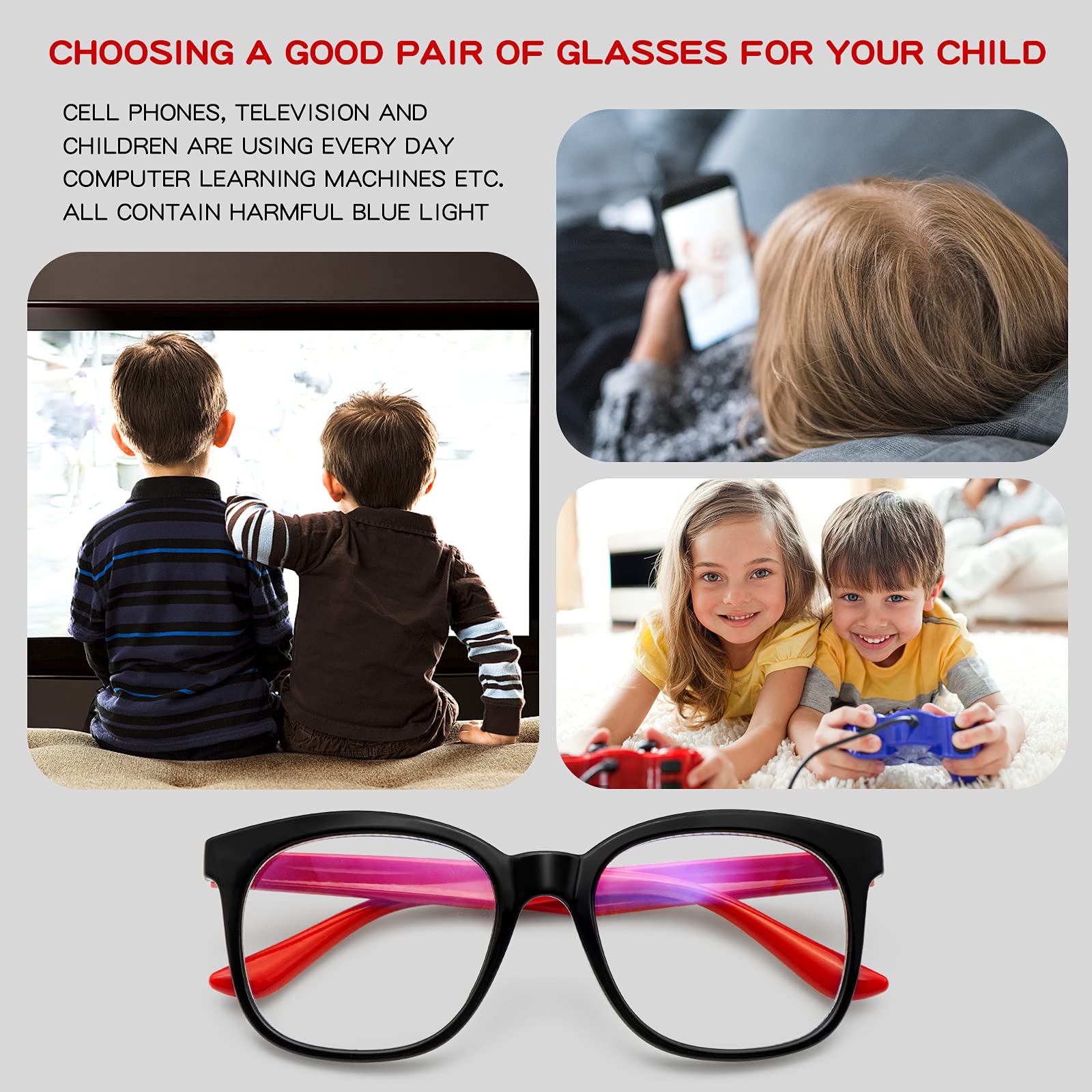 BONCAMOR 5 Pack Blue Light Blocking Glasses Boys Girls Anti Eyestrain Headache and UV Glare Computer Gaming Glasses for Kids Age 3-12