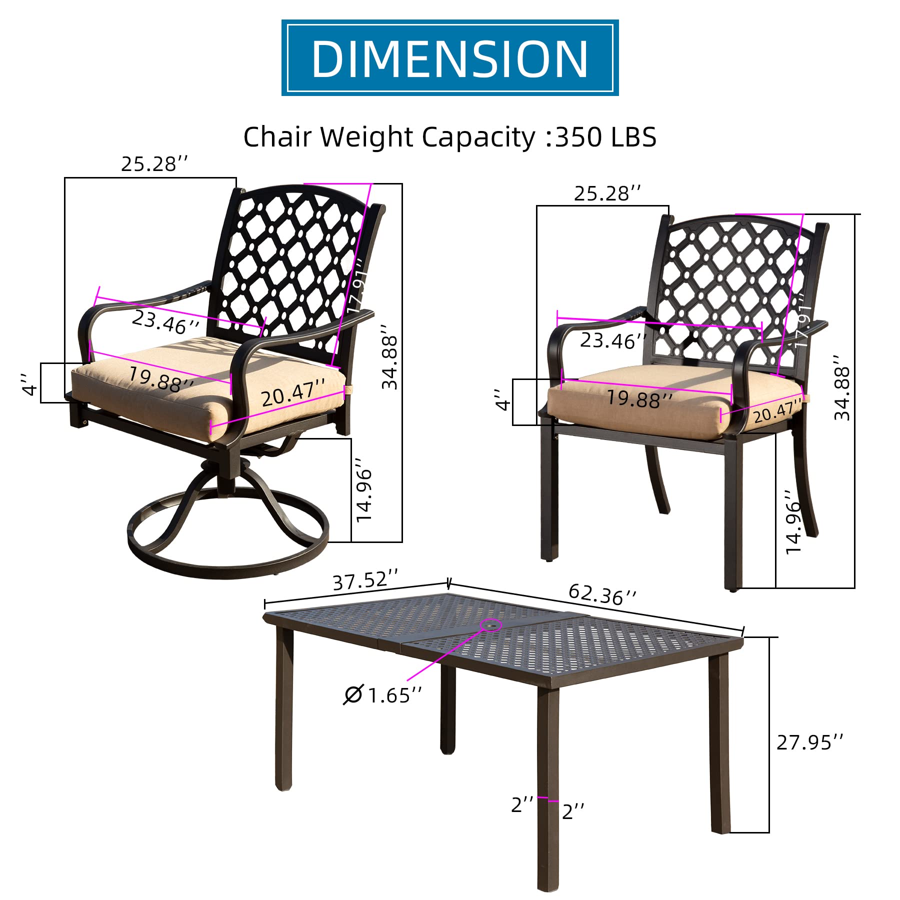 Domi Outdoor 7 pcs Patio Dining Set, Metal Dining Table, Swivel and Dining Chairs Conversation Set with Removable Beige Cushions for Garden Lawn Yard