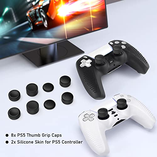 FAMOMI PS5 Controller Skin, Anti-Slip Soft Silicone Protective Cover Case for Playstation 5 Dualsense Controller Grip Accessories, 2 Pack with 8 x Thumb Grip Caps (Black&White)