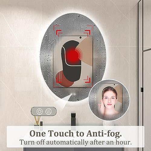 BuLife 28 X 20 Inch Oval Backlit LED Bathroom Mirror Anti-Fog 3 Colors Light Dimmable Wall Mounted Lighted Bathroom Vanity Mirror Smart Makeup Mirror with Touch Switch
