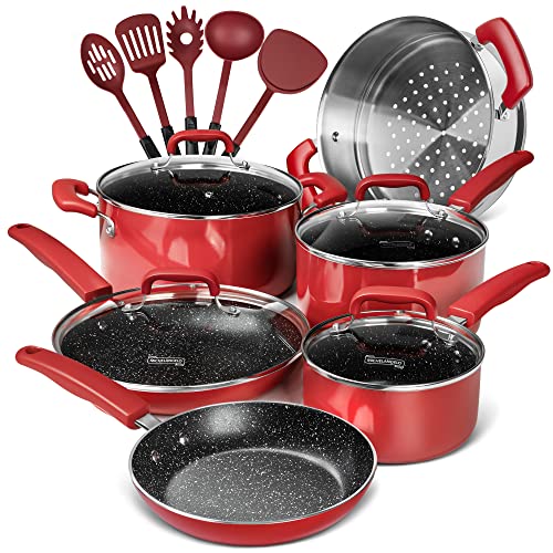 MICHELANGELO Pots and Pans Set Nonstick, 15 Pcs Kitchen Cookware Sets with Porcelain Enamel Exterior and Nonstick Granite-derived Coating, Enamel Cookware Set with 5 Utensils - Red
