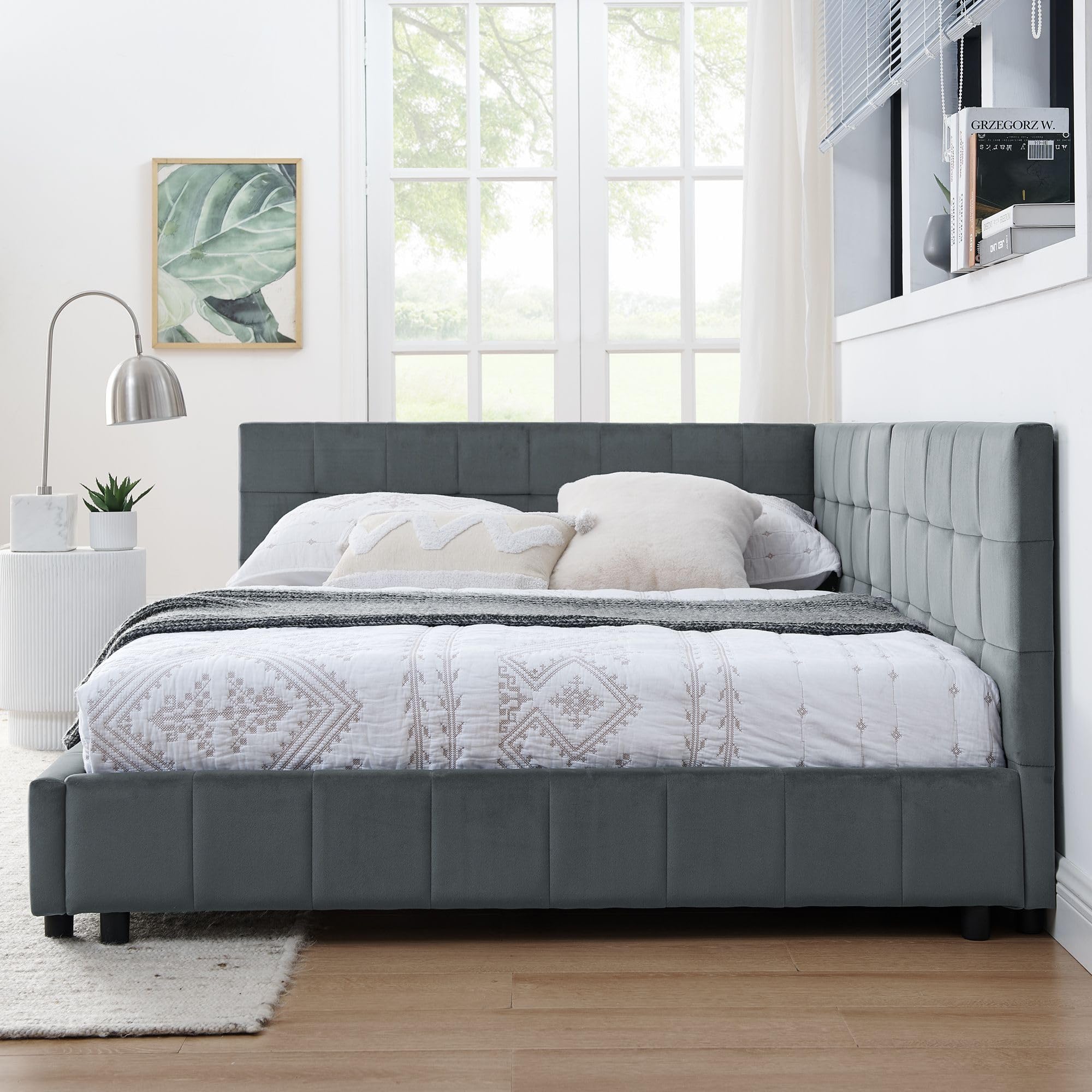 DEINPPA Full L-Shape Corner Bed Frame, Velvet Upholstered Tufted Daybed with Slat, Floor Platform Bed with Soft Headboard for Bedroom Nook, No Box Spring Needed-Black